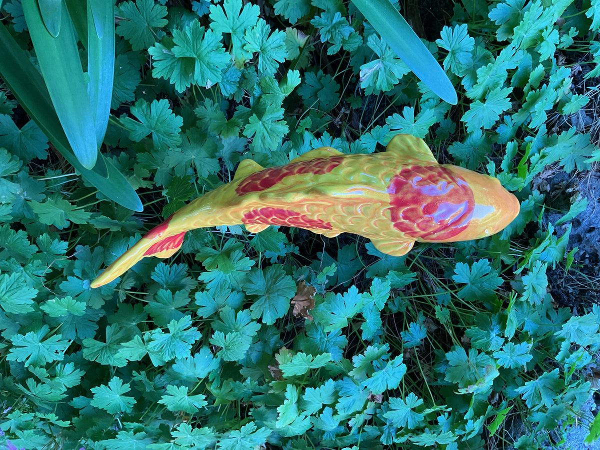 Koi Fish - Mandarin, Ceramic Garden Sculpture by JJ Potts – GardenArt.com